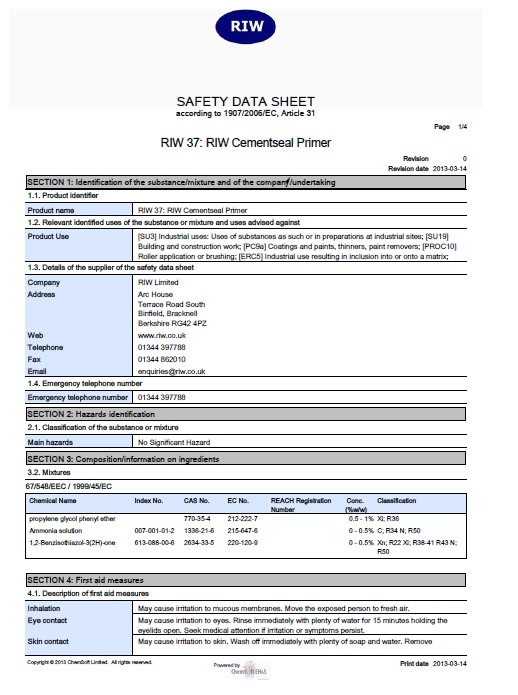 Safety Data Sheets - Technical Downloads | RIW