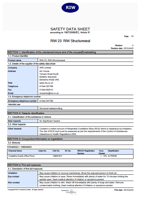 Safety Data Sheets - Technical Downloads | RIW